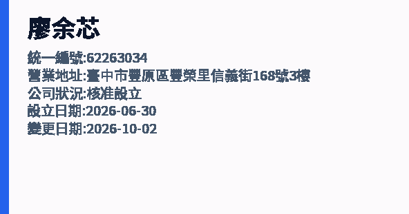 廖余芯的照片-統編 62263034 公司登記資料與營業項目詳細圖表