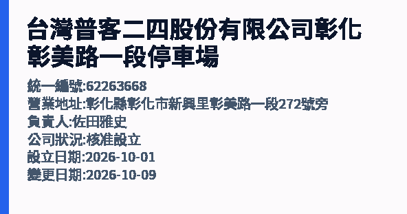 台灣普客二四股份有限公司彰化彰美路一段停車場的照片-統編 62263668(彰化縣) 公司登記資料與營業項目詳細圖表