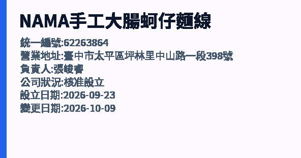 NAMA手工大腸蚵仔麵線的照片-統編 62263864(臺中市) 公司登記資料與營業項目詳細圖表