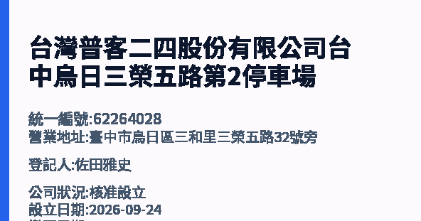 台灣普客二四股份有限公司台中烏日三榮五路第2停車場的照片-統編 62264028(臺中市) 公司登記資料與營業項目詳細圖表