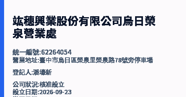竑穗興業股份有限公司烏日榮泉營業處的照片-統編 62264054(臺中市) 公司登記資料與營業項目詳細圖表