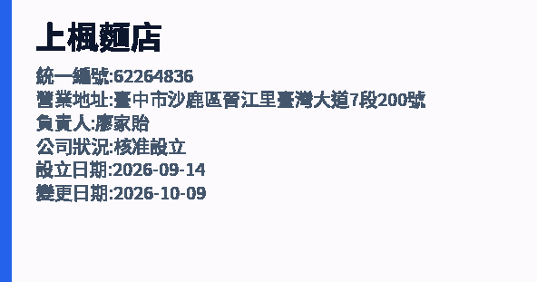 上楓麵店的照片-統編 62264836(臺中市) 公司登記資料與營業項目詳細圖表