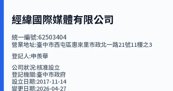 經緯國際媒體有限公司的照片-統編 62503404(臺中市) 公司登記資料與營業項目詳細圖表