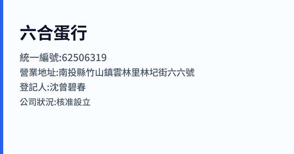 六合蛋行 - 統編 62506319(南投縣) 公司登記資料與營業項目詳細圖表
