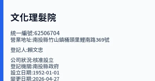 文化理髮院的照片-統編 62506704(南投縣) 公司登記資料與營業項目詳細圖表