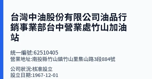 台灣中油股份有限公司油品行銷事業部台中營業處竹山加油站的照片-統編 62510405(南投縣) 公司登記資料與營業項目詳細圖表