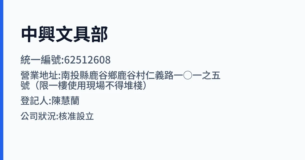 中興文具部 - 統編 62512608(南投縣) 公司登記資料與營業項目詳細圖表