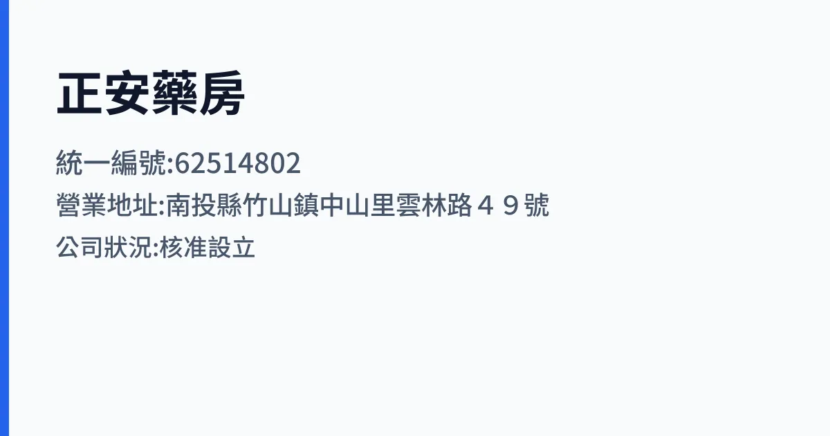 正安藥房 - 統編 62514802(南投縣) 公司登記資料與營業項目詳細圖表