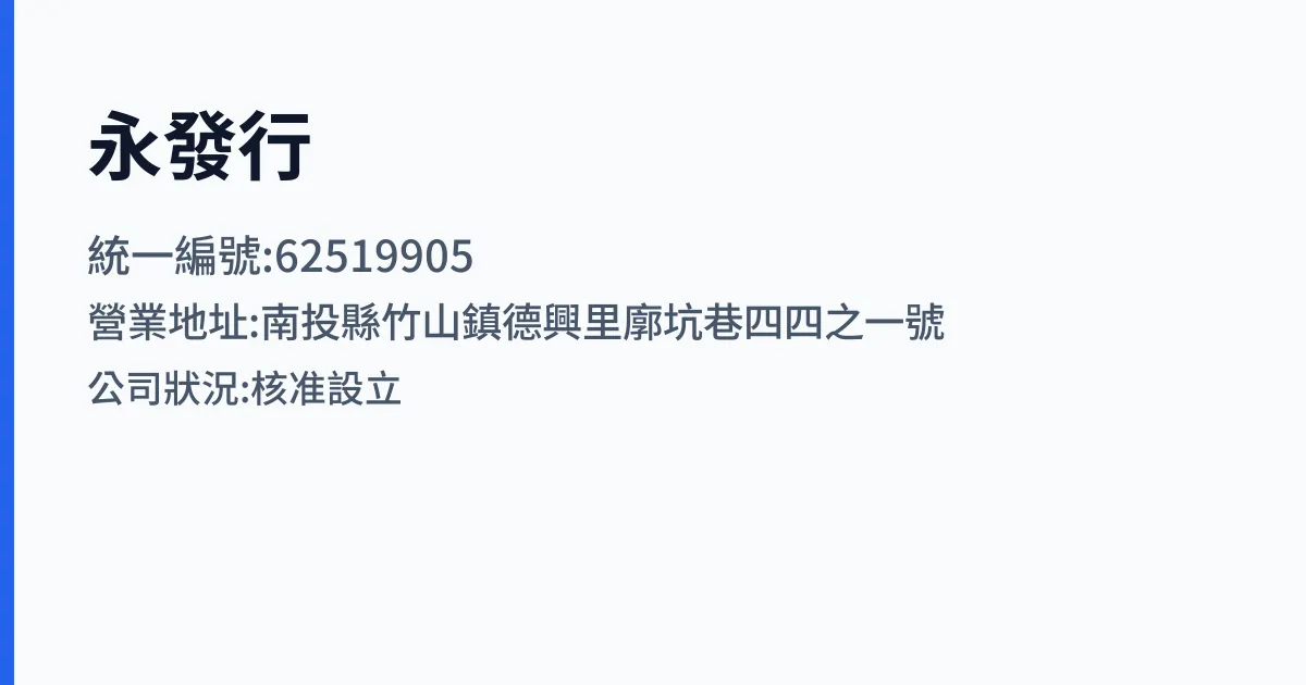 永發行 - 統編 62519905(南投縣) 公司登記資料與營業項目詳細圖表