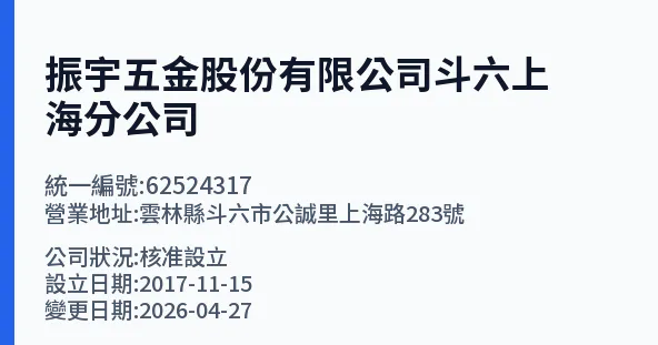 振宇五金股份有限公司斗六上海分公司的照片-統編 62524317(雲林縣) 公司登記資料與營業項目詳細圖表