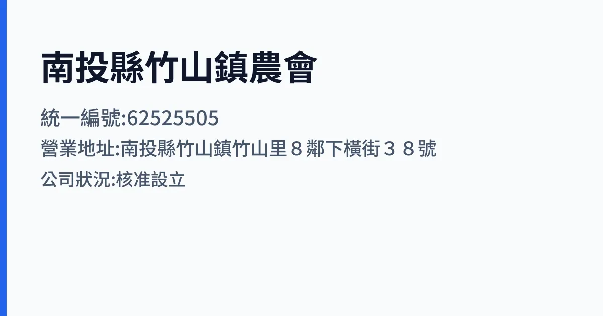 南投縣竹山鎮農會 - 統編 62525505(南投縣) 公司登記資料與營業項目詳細圖表