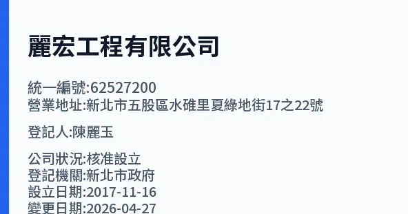 麗宏工程有限公司的照片-統編 62527200(新北市) 公司登記資料與營業項目詳細圖表
