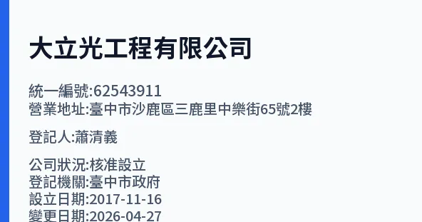 大立光工程有限公司的照片-統編 62543911(臺中市) 公司登記資料與營業項目詳細圖表