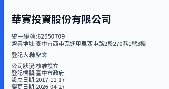 華實投資股份有限公司的照片-統編 62550709(臺中市) 公司登記資料與營業項目詳細圖表