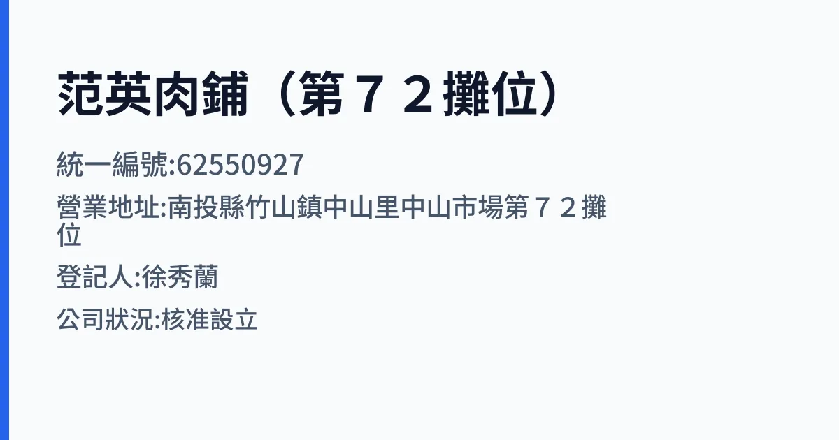 范英肉鋪（第７２攤位） - 統編 62550927(南投縣) 公司登記資料與營業項目詳細圖表