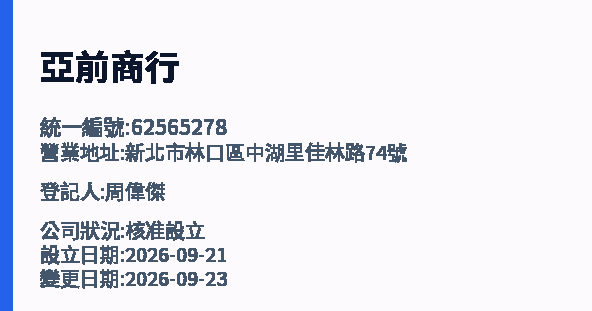 亞前商行的照片-統編 62565278(新北市) 公司登記資料與營業項目詳細圖表