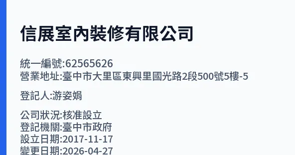 信展室內裝修有限公司的照片-統編 62565626(臺中市) 公司登記資料與營業項目詳細圖表