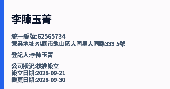 李陳玉菁的照片-統編 62565734(桃園市) 公司登記資料與營業項目詳細圖表