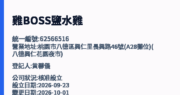 雞BOSS鹽水雞的照片-統編 62566516(桃園市) 公司登記資料與營業項目詳細圖表