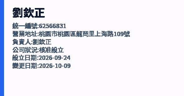 劉欽正的照片-統編 62566831(桃園市) 公司登記資料與營業項目詳細圖表