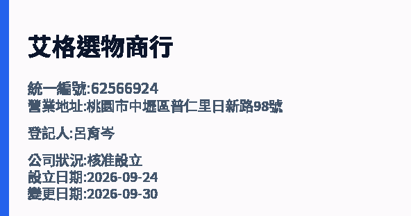 艾格選物商行的照片-統編 62566924(桃園市) 公司登記資料與營業項目詳細圖表