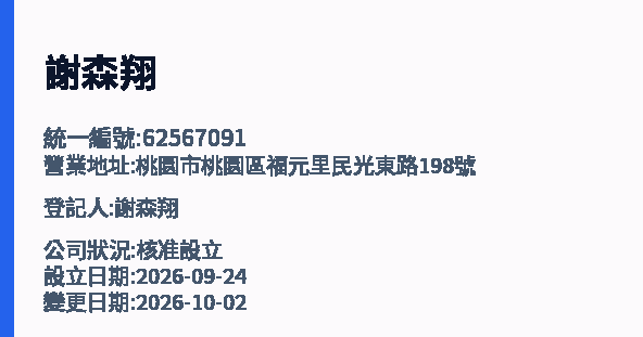 謝森翔的照片-統編 62567091(桃園市) 公司登記資料與營業項目詳細圖表