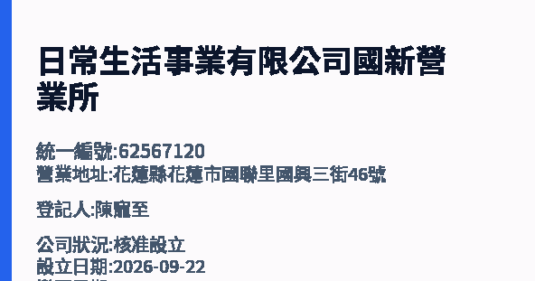 日常生活事業有限公司國新營業所的照片-統編 62567120(花蓮縣) 公司登記資料與營業項目詳細圖表