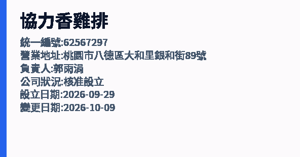 協力香雞排的照片-統編 62567297(桃園市) 公司登記資料與營業項目詳細圖表