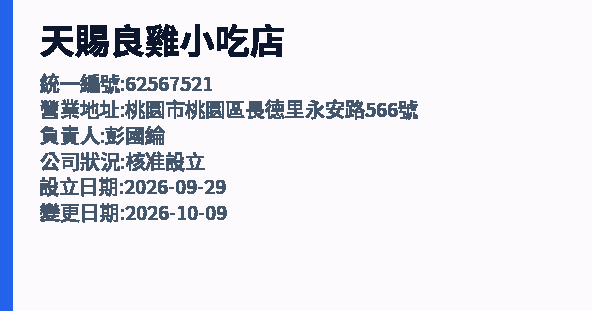 天賜良雞小吃店的照片-統編 62567521(桃園市) 公司登記資料與營業項目詳細圖表