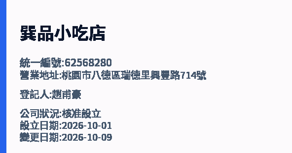 巽品小吃店的照片-統編 62568280(桃園市) 公司登記資料與營業項目詳細圖表