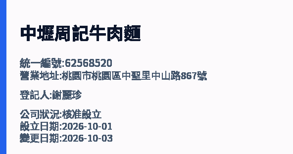 中壢周記牛肉麵的照片-統編 62568520(桃園市) 公司登記資料與營業項目詳細圖表