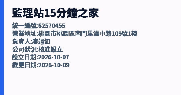 監理站15分鐘之家的照片-統編 62570455(桃園市) 公司登記資料與營業項目詳細圖表