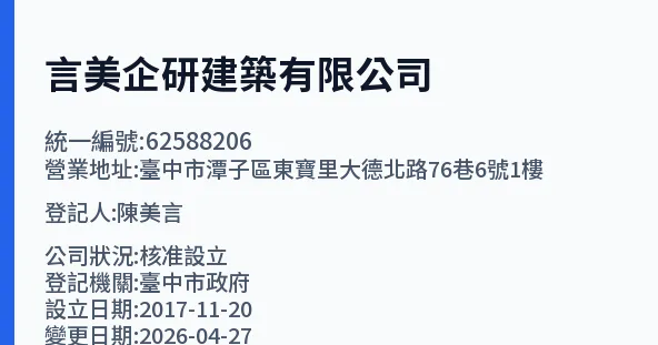 言美企研建築有限公司的照片-統編 62588206(臺中市) 公司登記資料與營業項目詳細圖表