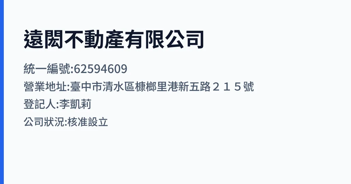 遠閎不動產有限公司 - 統編 62594609(臺中市) 公司登記資料與營業項目詳細圖表