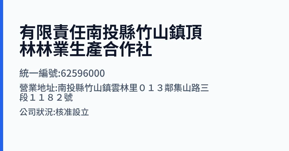 有限責任南投縣竹山鎮頂林林業生產合作社 - 統編 62596000(南投縣) 公司登記資料與營業項目詳細圖表