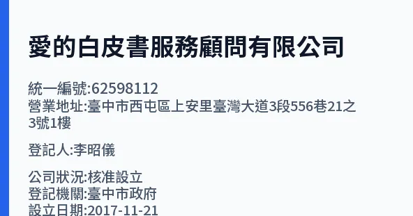 愛的白皮書服務顧問有限公司的照片-統編 62598112(臺中市) 公司登記資料與營業項目詳細圖表
