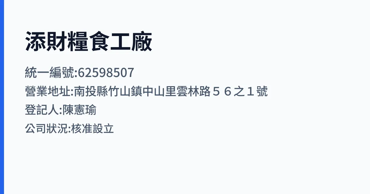 添財糧食工廠 - 統編 62598507(南投縣) 公司登記資料與營業項目詳細圖表