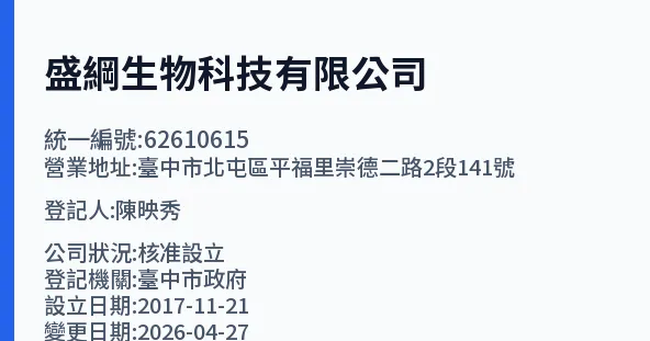 盛綱生物科技有限公司的照片-統編 62610615(臺中市) 公司登記資料與營業項目詳細圖表
