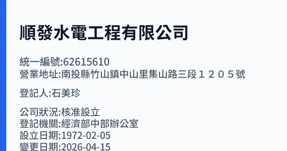順發水電工程有限公司的照片-統編 62615610(南投縣) 公司登記資料與營業項目詳細圖表