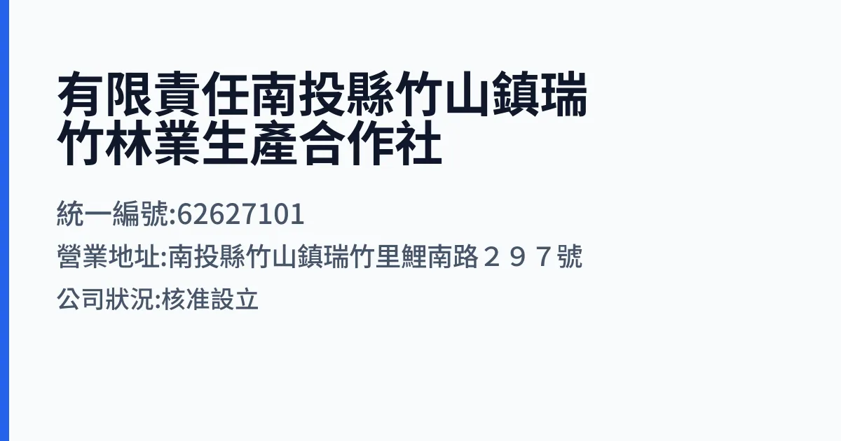 有限責任南投縣竹山鎮瑞竹林業生產合作社 - 統編 62627101(南投縣) 公司登記資料與營業項目詳細圖表