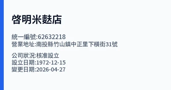 啓明米麩店的照片-統編 62632218(南投縣) 公司登記資料與營業項目詳細圖表