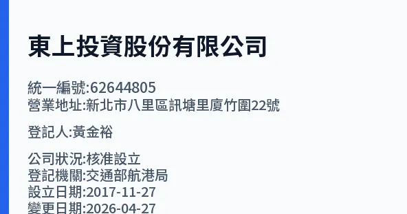 東上投資股份有限公司的照片-統編 62644805(新北市) 公司登記資料與營業項目詳細圖表
