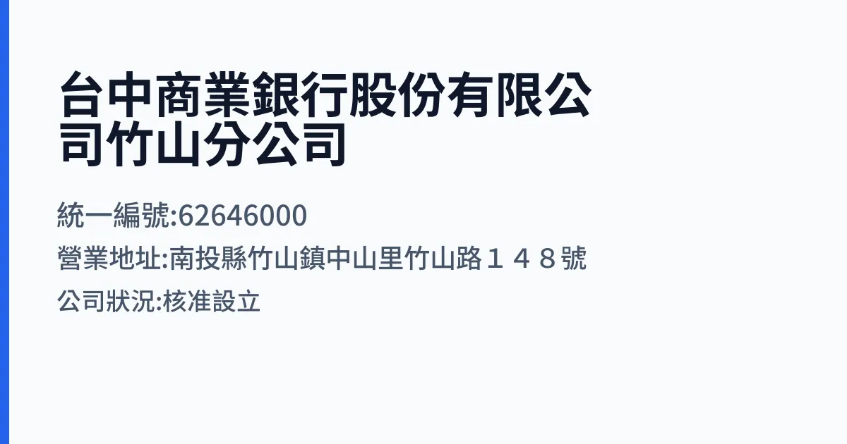 台中商業銀行股份有限公司竹山分公司 - 統編 62646000(南投縣) 公司登記資料與營業項目詳細圖表