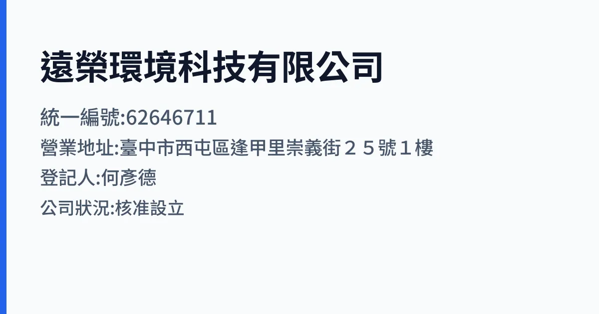 遠榮環境科技有限公司 - 統編 62646711(臺中市) 公司登記資料與營業項目詳細圖表