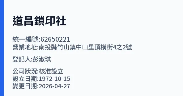 道昌鎖印社的照片-統編 62650221(南投縣) 公司登記資料與營業項目詳細圖表