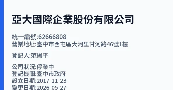 亞大國際企業股份有限公司的照片-統編 62666808(臺中市) 公司登記資料與營業項目詳細圖表