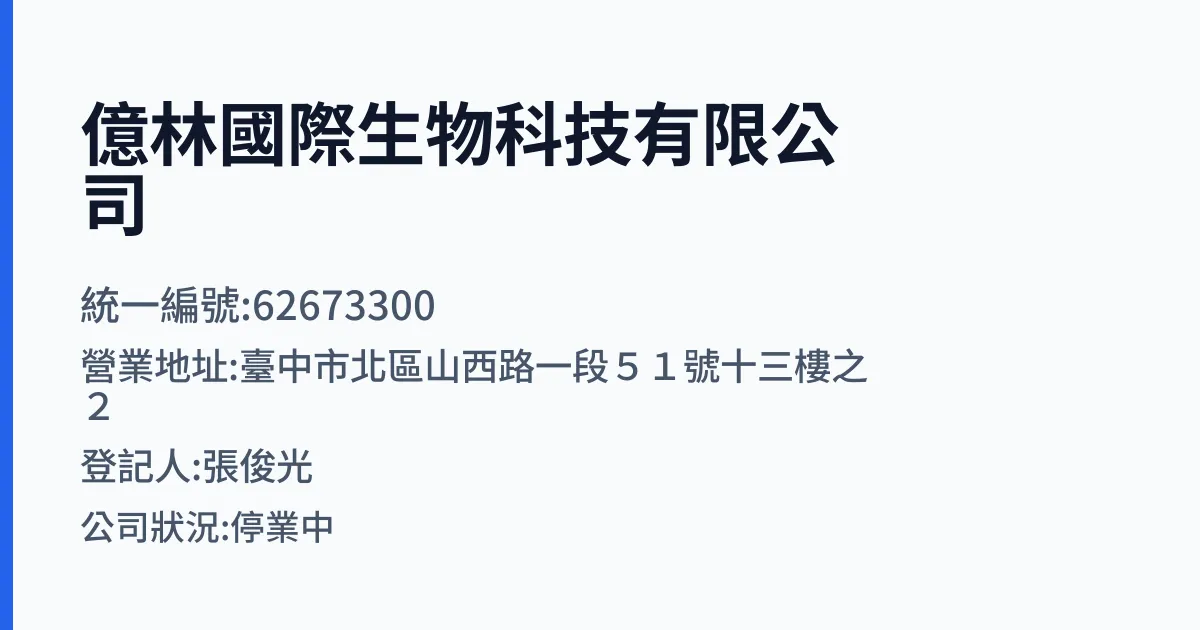 億林國際生物科技有限公司 - 統編 62673300(臺中市) 公司登記資料與營業項目詳細圖表
