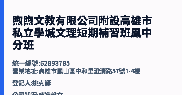 煦煦文教有限公司附設高雄市私立學城文理短期補習班鳳中分班的照片-統編 62893785(高雄市) 公司登記資料與營業項目詳細圖表
