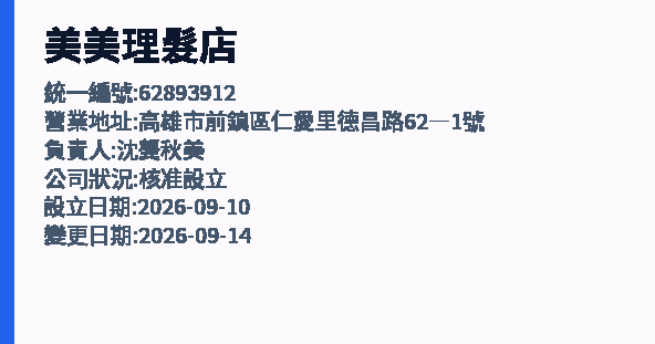 美美理髮店的照片-統編 62893912(高雄市) 公司登記資料與營業項目詳細圖表