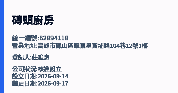 磚頭廚房的照片-統編 62894118(高雄市) 公司登記資料與營業項目詳細圖表